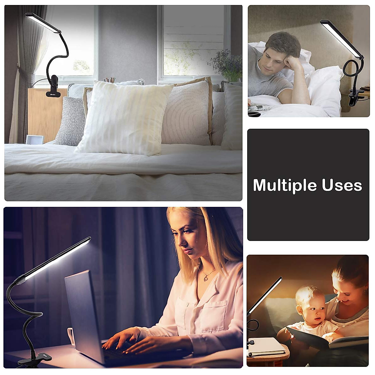 CeSunlight Clamp on Lamp, Clip Light, Desk Lamps 3 Color Temperature Setting, 10 Brightness Levels, 2m USB Cord Power Supply and AC Adapter Included, Pack of 2 (Black)