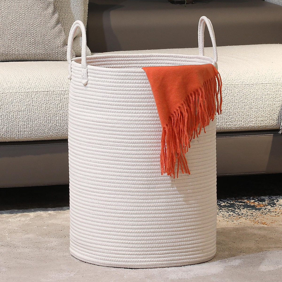 HuggableZest Large Hamper Storage Basket - Comprehensive Storage for Blankets, Toys, Books, Baby Gear, Laundry, Comforter Cushions, Pillows, Towels, Shoes, 15x15x20 inch,Tall, Off White