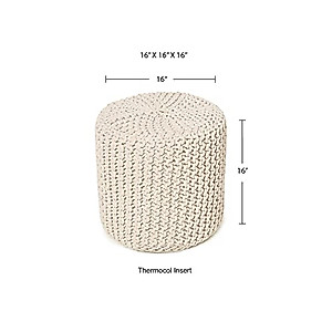 REDEARTH Cylindrical Hand Knitted Pouf - Foot Stool Ottoman - Cord Boho Pouffe - Cotton Round Poof for Home Decor - Living Room - Nursery - Bedroom - Patio (16" x 16" x 16") - Ivory
