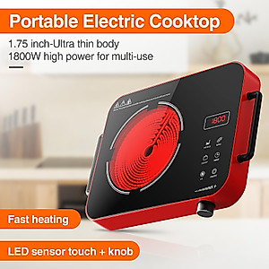 VBGK Electric Cooktop, 1800W Single Cooktops with 2 Handle, Electric Hot Plate for Cooking, Electric Stove top with 9 Power Level, 4H Timer Touch and Knob Control,Portable Induction Cooktop