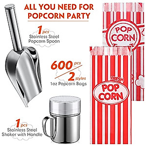 602 Pcs Popcorn Maker Supplies Set Includes 600 Popcorn Paper Bags 1 oz Popcorn Individual Bags 1 Popcorn Scoops 1 Popcorn Seasoning Dredge Shaker with Handle for Home Kitchen Movie Party Use