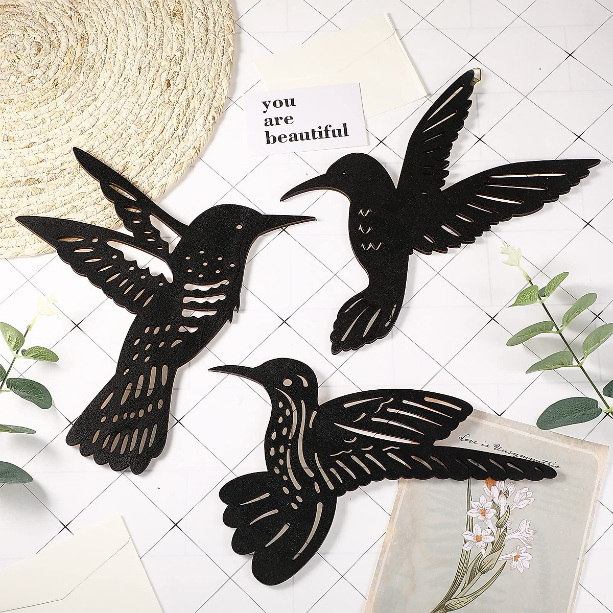 3 Pieces Wood Hummingbird Wall Art Decor 9 inch Hummingbird Wall Decorations for Bedroom Black Wood Wall Sculpture Bird Indoor Kitchen Wall Hanging Balcony Decor for Home Bedroom Office Garden