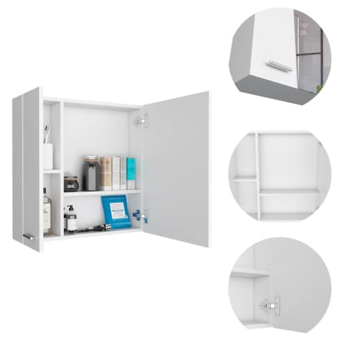 Depot E-Shop Harbor Medicine Cabinet, Mirror Four Internal Shelves, One-Door Cabinet-White, for Bathroom