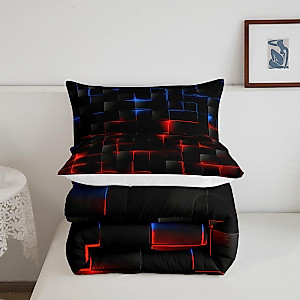 Feelyou Red Blue and Black Comforter Set Full Size Kids Light Geometric Comforter for Boys Teens Geometry Bedding Set Modern Style Duvet Set Room Decor Quilt Set