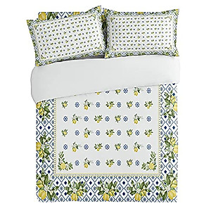 3 Pieces Duvet Cover California King Bedding Sets Summer Lemon Flower and Leaves Luxury Soft Comforter Cover with Pillowcases Retro Tile Lattice on White Microfiber Quilt Covers Set for Bedroom Decor