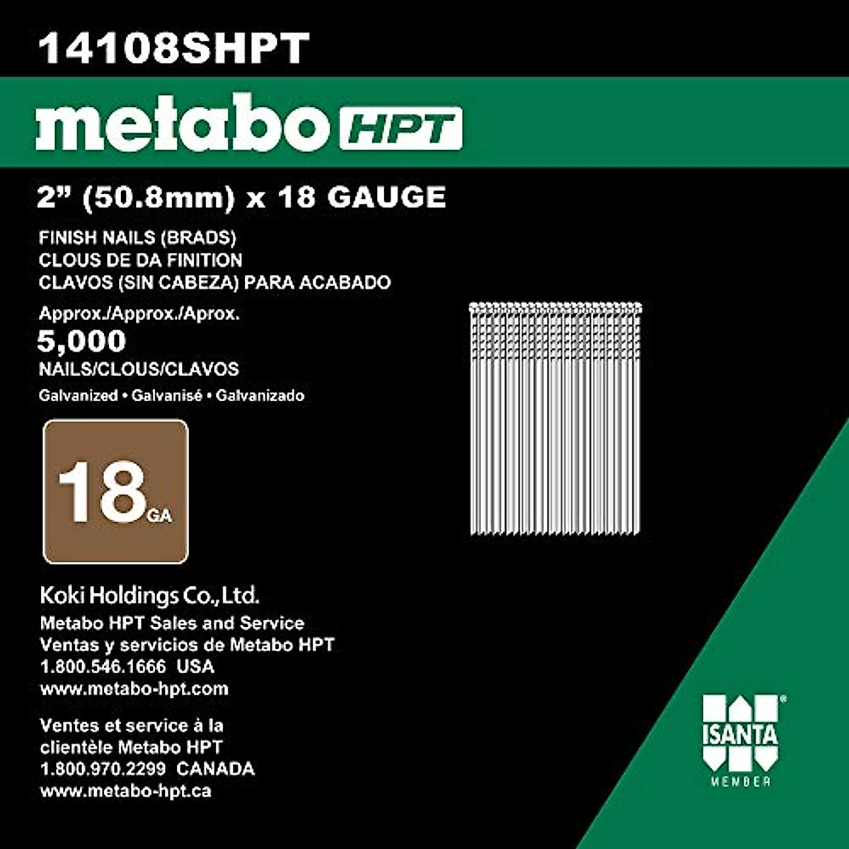 Metabo HPT Brad Nails | 2 Inch x 18 Gauge | Smooth | Electro Galvanized | 5,000 Count | 14108SHPT