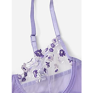 WDIRARA Women's Floral Embroidery Underwire 2 Piece Lingerie Set Mesh Bra and Panty Set Purple M