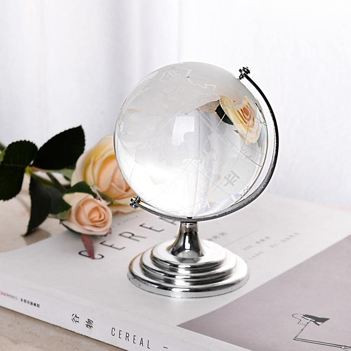 Clear Crystal Sphere, 6.5x4cm Mini Round Earth Globe World Map Ball with Metal Stand Decor Crystal Glass Ball Decorative(Sliver)