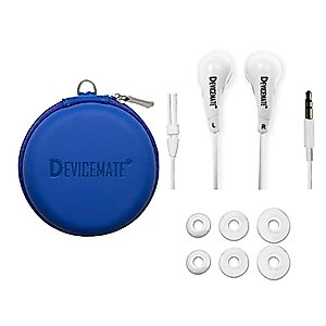 DEVICEMATE in-Ear Headphones, Wired Earbuds, Ergonomic Earphones. Stereo, Noise Isolating, Comfort Fit, Durable Quality, Compatible with Apple & Android Devices. No Mic. Blue Earbud Case