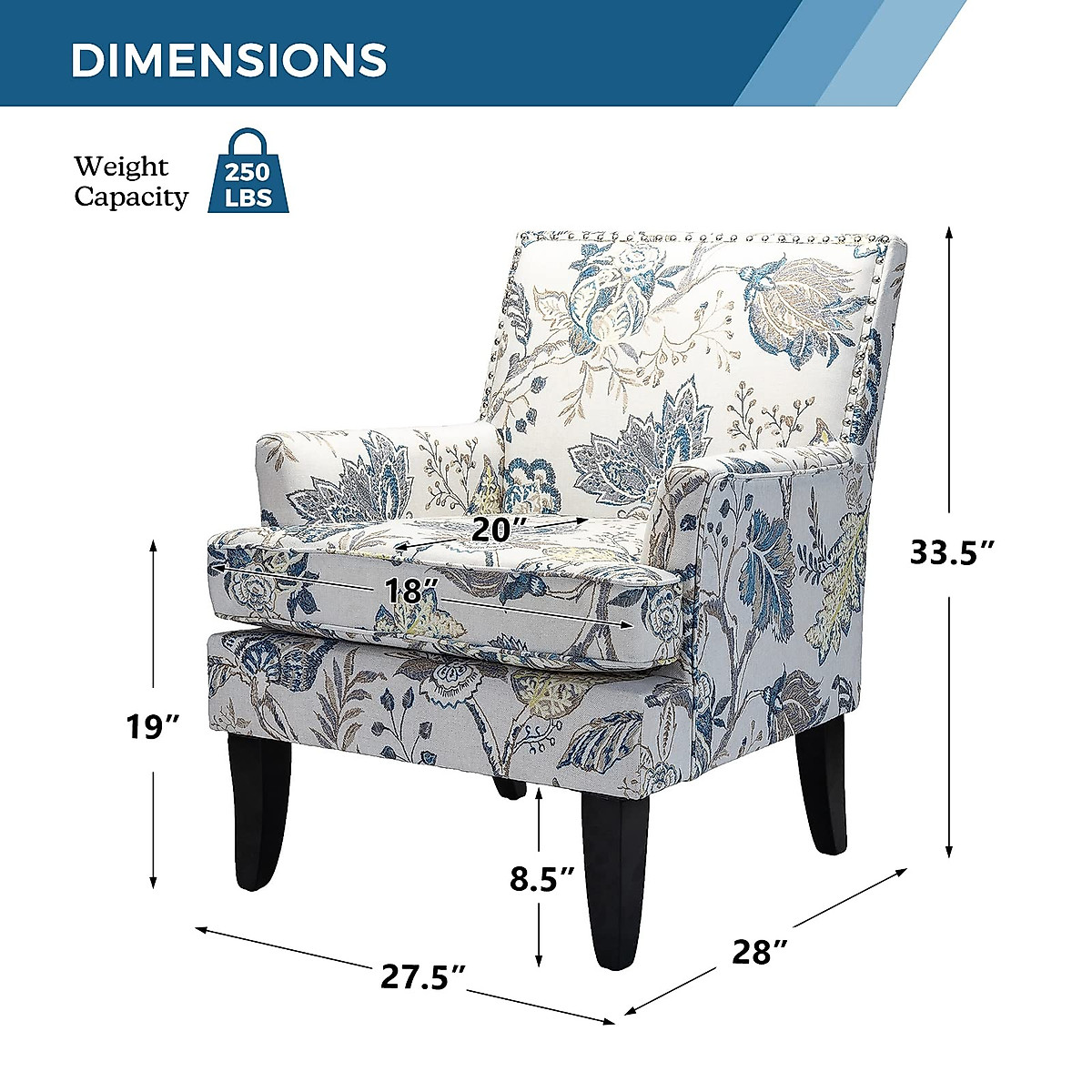 HULALA HOME Modern Accent Chair with Arms and Wooden Legs, Mid Century Accent Chair Armchair High Back Rest, Padded Armrest and Comfortable Cushioned Seat for Living Room (Blue Yellow Floral)