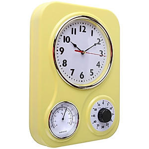 Lily's Home Retro Kitchen Wall Clock, with a Thermometer and 60-Minute Timer, Ideal for Any Kitchen, Yellow (9.5 in x 13.3 in)