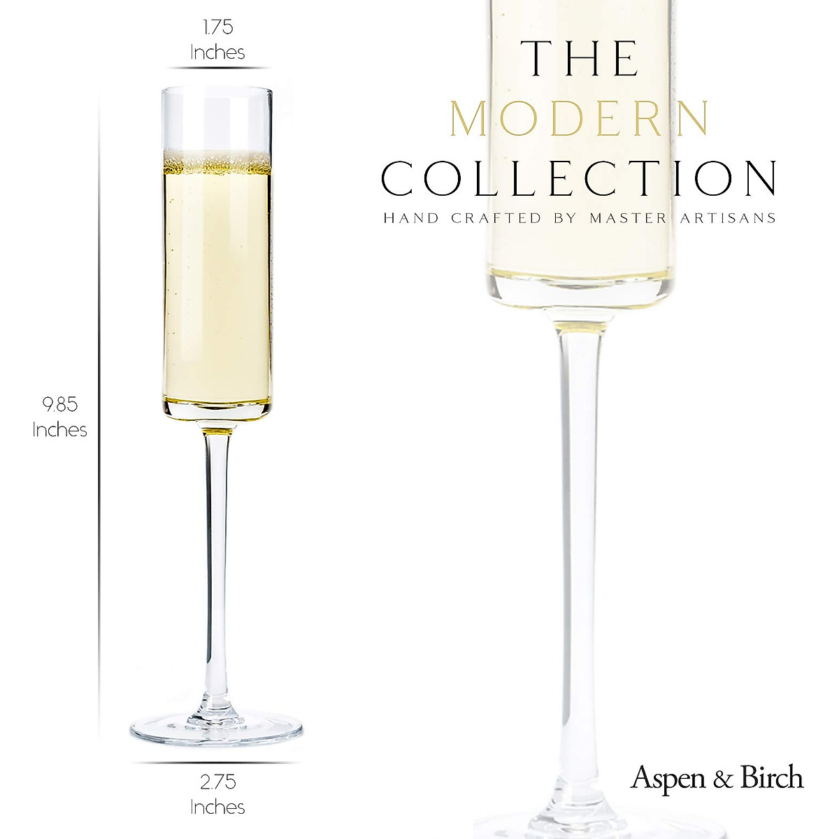 Aspen & Birch - Modern Champagne Flutes Set of 6 - Champagne Glasses - Mimosa Glasses, Crystal Stemware, Clear, 6 oz, Hand Blown Glass Champagne Flutes - Hand Crafted by Artisans