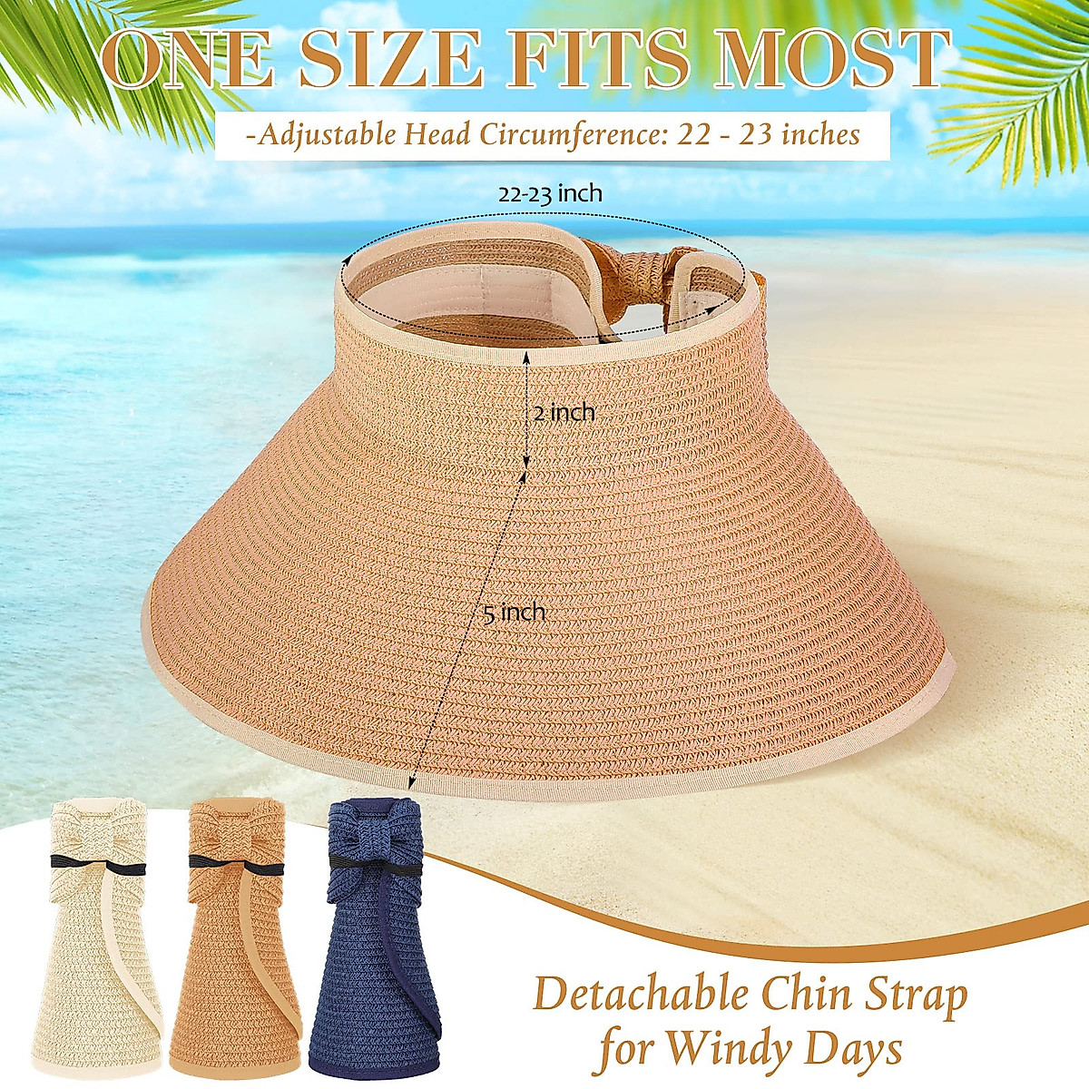 6 Pcs Foldable Straw Summer Beach Hat for Women Wide Brim Ponytail Sun Visor Adjustable Caps for Travel (Classic Colors)