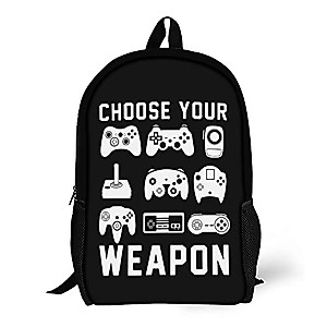 ONE TO PROMISE Choose Your Weapon School Backpack Cartoon Vintage Choose Your Weapon Game on Black Bookbags Adjustable Travel Daypack Water Resistant Shoulders School Bag for Womens Mens Boys Girls