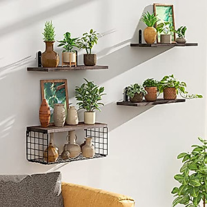 Fuiuo Floating Shelves Bathroom Shelves Over Toilet with Paper Storage Basket Farmhouse Wood Wall Shelves for Wall Decor Bathroom Decor, Living Room, Kitchen (Ebony)