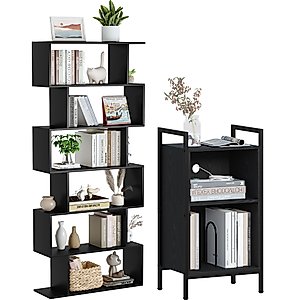 Yusong Bookshelf 6-Tier, Geometric Bookcase S Shaped Book Shelves and 3 Tier End Table, Tall Side Table with Storage Cabinets,Black
