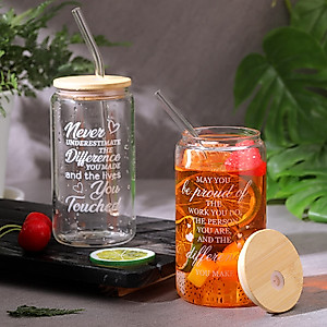 Jinei 4 Pcs 16 oz Employee Appreciation Gifts for Coworkers Bulk Inspirational Gifts Glass Cups with Bamboo Lids and Straws Set You're Awesome Thank You Gifts for Women Men