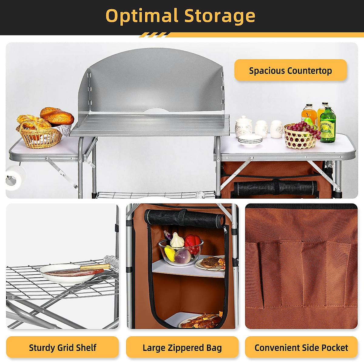 GYMAX Aluminum Portable Camping Kitchen, Folding Cooking Table with 26" Tabletop, Detachable Windscreen & Carrying Bag, Outdoor Grill Table for BBQ, Backyards