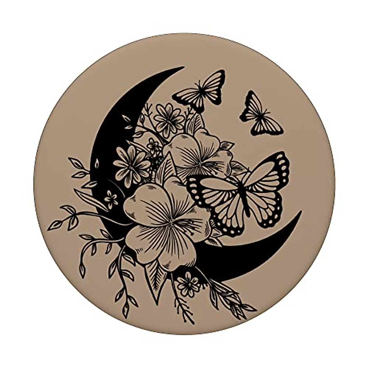 Champagne Tan Black Butterfly Crescent Moon Flower PopSockets Swappable PopGrip