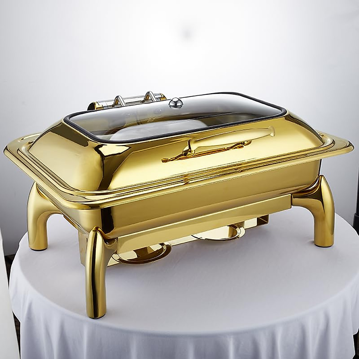 HONHPD Gold Chafing Dish Buffet Set,9 Quart Rectangular Chafer, with Glass Top, Soft-Close Lid,Food Pan, Water Pan and Fuel Holders, for Wedding, Parties, Banquet,Catering Events (2 Half Size)