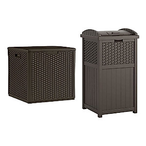 Suncast 60 Gallon Outdoor Storage Deck Box & 33 Gallon Trash Hideaway, Java
