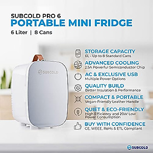 Subcold Pro6 Luxury Mini Fridge Cooler 6 Litre / 8 Cans AC & Exclusive USB Power Option Small Portable Fridge For The Office, Bedroom, Car, Skincare & Cosmetics Grey