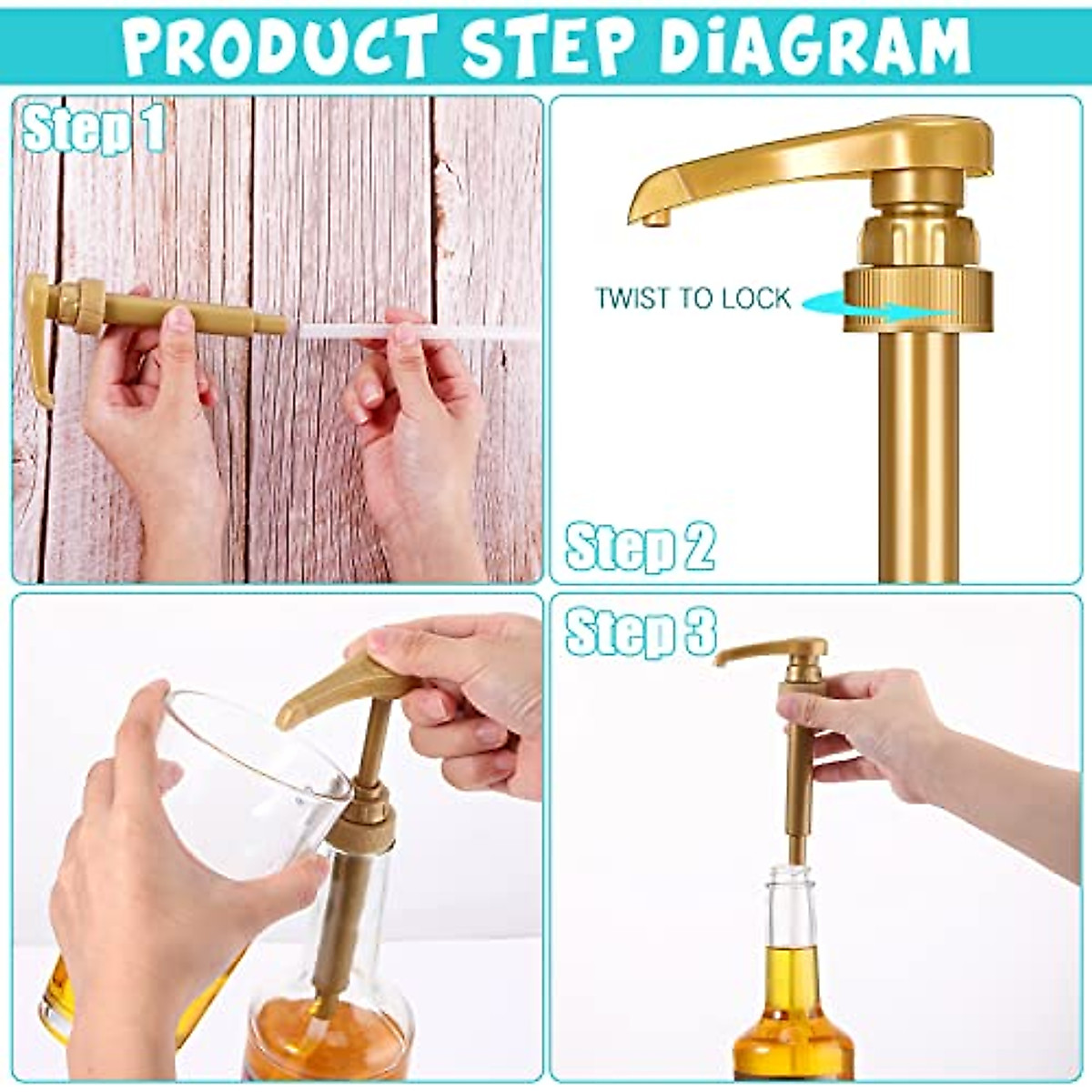 16 Pcs Syrup Pumps, Coffee Syrup Dispenser Pump, Flavor Syrup Pump Fits 750ml Bottles for Coffee Syrups Snow Cones Caramel Flavorings Bottle (Gold)