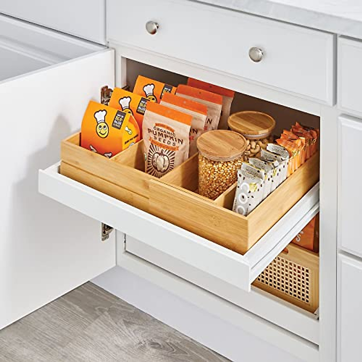 mDesign Bamboo Wood Expandable Deep Kitchen Drawer Organizer Tray Bin for Kitchen; Organize Drawers, Counters, Shelves; Holds Plasticware, Lids, Towels, Utensils; Home Sort Collection - Natural