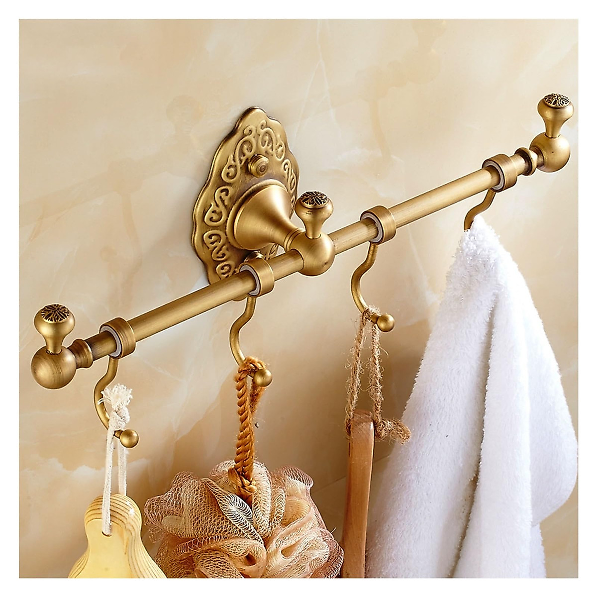 TEMKIN Brass Towel Rail Bar Bathroom Towel Hook Rack，Bath Coat Rack Hook Wall Mounted with 4 Hooks，Antique Bath Robe Hanger Coat Hook Rack Holders，Indoor Kitchen Lavatory Hot Tub Accessories