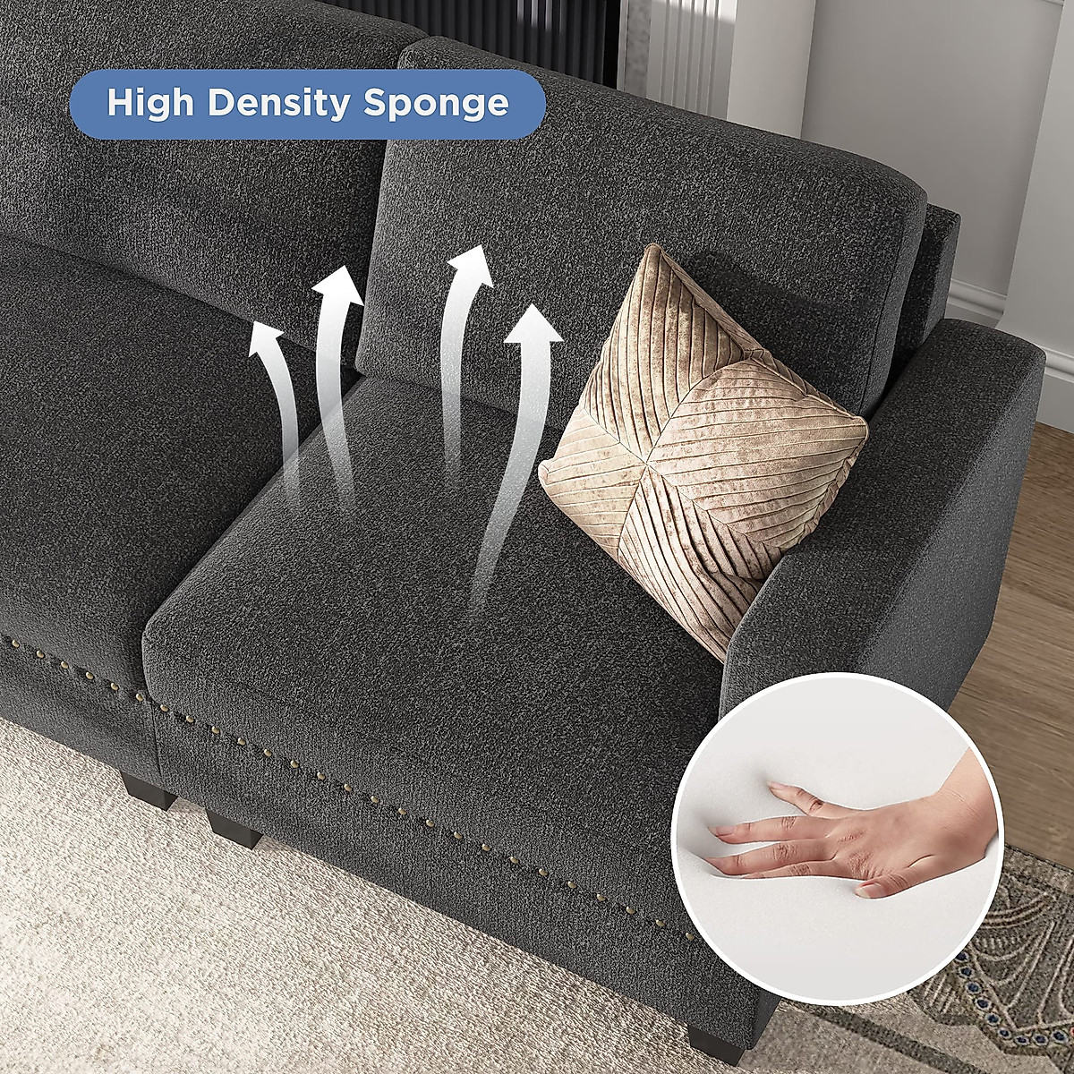 Nolany Modular Sofa Couch Upholstered Fabric Oversized 3 Seat Couch Sofa for Living Room, Dark Grey