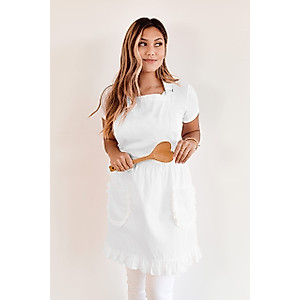 ModParty Apron for Women Ruffle Trim with Pockets Adjustable Straps Retro Kitchen Apron for Baking & Cooking (White)