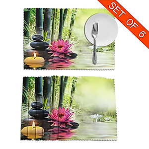Zen Stone Lotus Bamboo Placemats Set of 6,Table Mats Heat-Resistant Washable Non-Slip Place Mats for Party Family Dining Kitchen Home Wedding Holiday Party Decorations 12 X 18 Inch