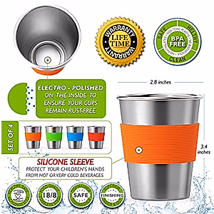 Stainless Steel Cups for Kids and Toddlers 8 oz. with Silicone Sleeves - Small Metal Cups for Home & Outdoor Activities, BPA Free Healthy Unbreakable Premium Metal Drinking Glasses (4-Pack)