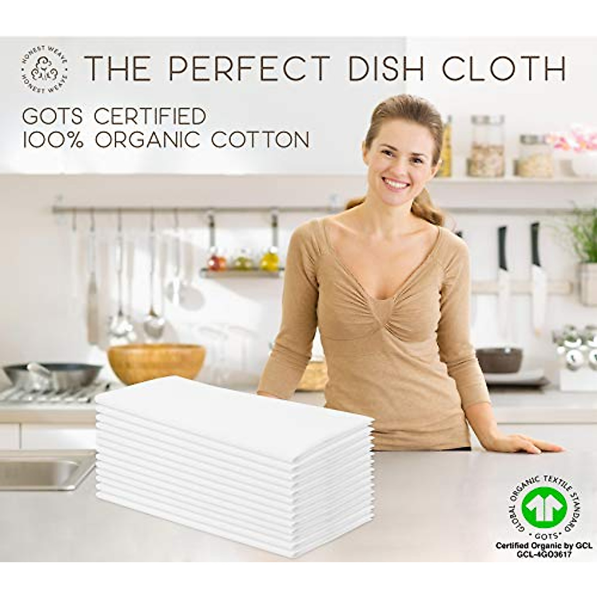 HONEST WEAVE GOTS Certified 100% Organic Flour Sack Cotton Kitchen Hand and Dish Towel Sets - Extra Large 27x27 inches, Fully Hemmed, 12-Pack, White