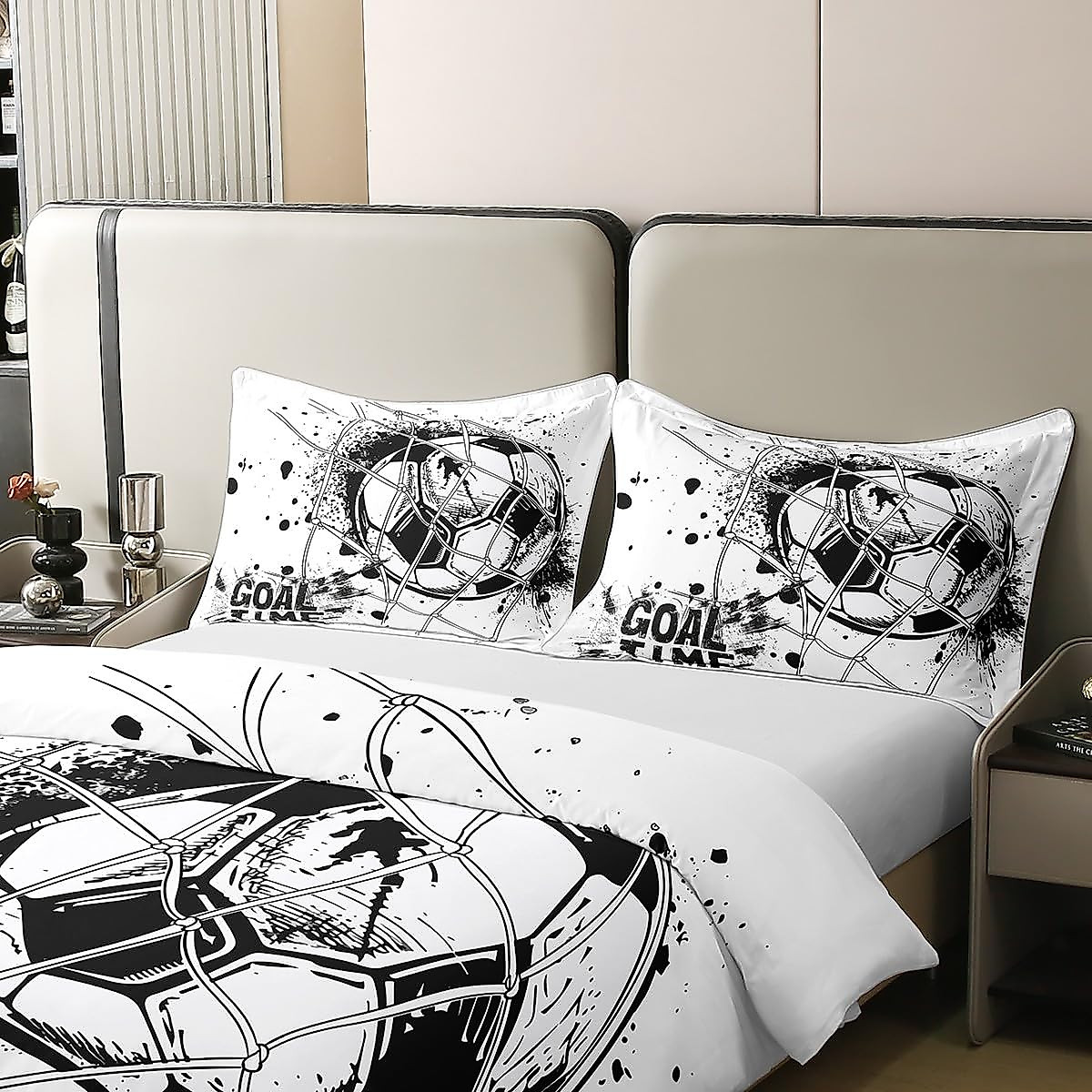 Kids Football 100% Cotton Comforter Cover Twin Size American Soccer Bedding Set Sports Games Duvet Cover For Boys Girls Children Teens Geometric Polygon Quilt Cover For Bedroom, Black White