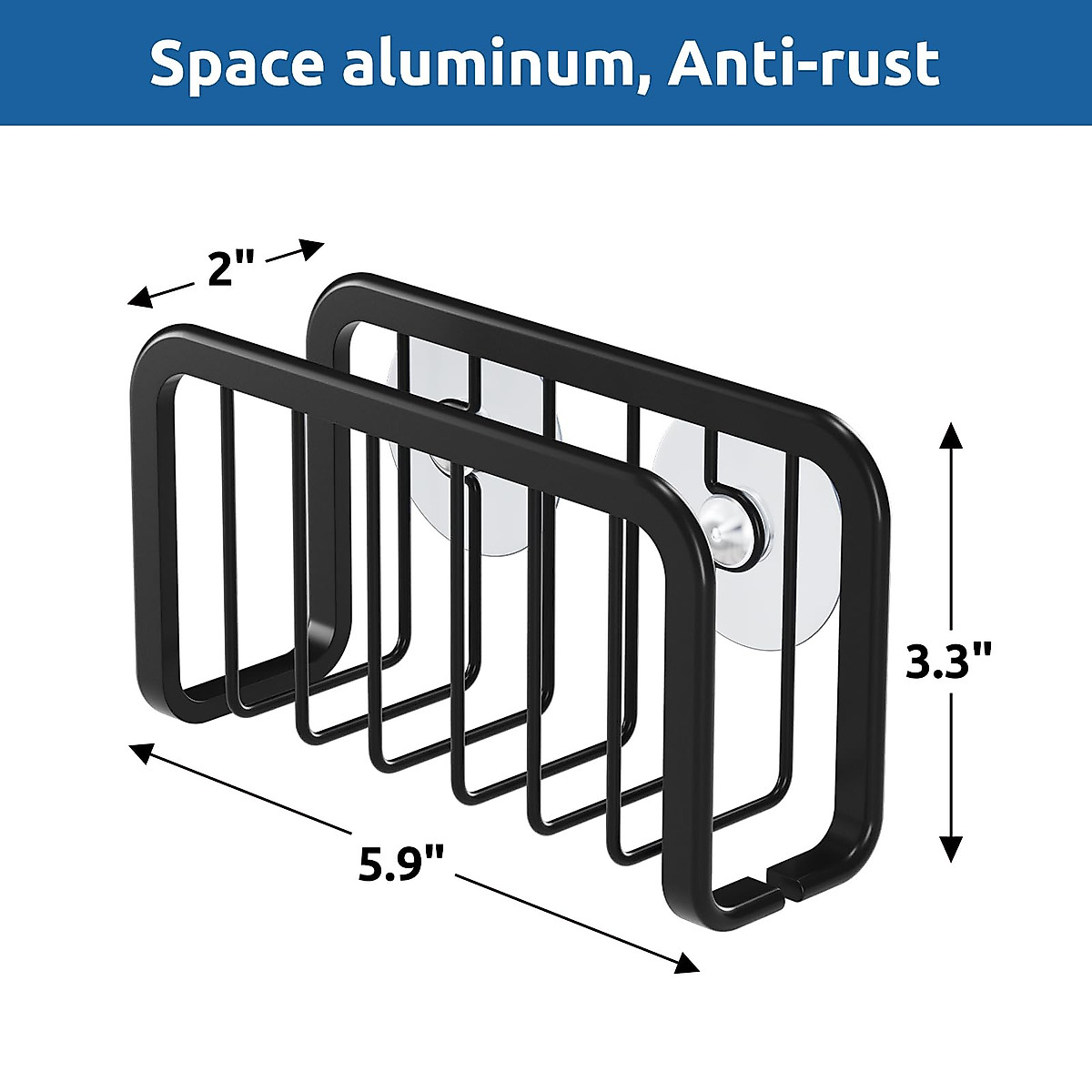 GOODBUY Sponge Holder for Kitchen Sink, Anti-Rust Sink Sponge Holder with Suction Cups, Aluminum Sink Caddy Kitchen Sink Organizer for Sponges, Scrubbers, Soap, Bathroom 5.9" x 2" x 3.3" Grey