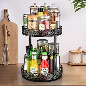 10" Lazy Susan Organizer, 2 Tier Lazy Susan Turntable for Cabinet, Countertop, Kitchen, Pantry, Height Adjustable Rotating Spice Rack Organizer with Non-Slip Pad for Dining, Countertop, Bathroom