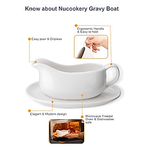 Nucookery Large 17 Oz Gravy Boat and Tray | Ergonomic Handle | White Fine Porcelain Saucier With Big Dripless Lip Spout For Gravy, Warming Sauces, Salad Dressings, Milk | Microwave & Freezer Safe
