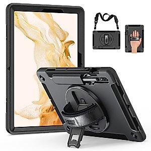 Case for Samsung Galaxy Tab S8: Military Grade Heavy Duty Shockproof Protective Cover for Galaxy Tab S8 2022 /Tab S7 11 Inch Rotating Stand - Handle - Shoulder Strap - S-Pen Holder - Black