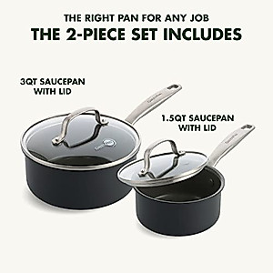 GreenPan Chatham Hard Anodized Healthy Ceramic Nonstick, 1.1QT and 2.1 QT Saucepan Set with Lids, PFAS-Free, Dishwasher Safe, Oven Safe, Gray