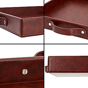 Set of 2 Square Leather Serving Trays, 12x12 Valet for with Handles for Ottoman, Coffee Table (Dark Brown)