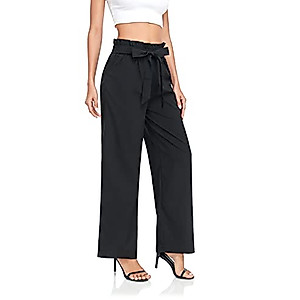 DIBOYU Women's Pants High Waist Palazzo Casual Wide Leg Pant Elastic Waist Pockets Pants with Belt XBK_XL Black