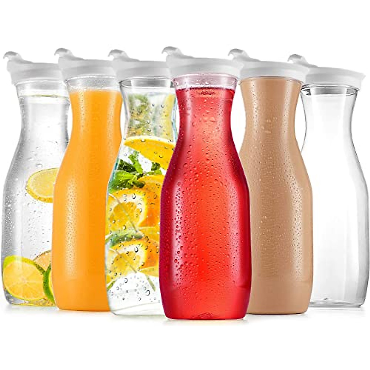 DilaBee Plastic Water Pitcher With Lid (6-Pack, 32 Oz) Round Carafe Pitchers for drinks, Milk, Smoothie, Iced Tea, Mimosa Bar Supplies - Juice Containers with Lids for Fridge - Food Grade BPA-Free