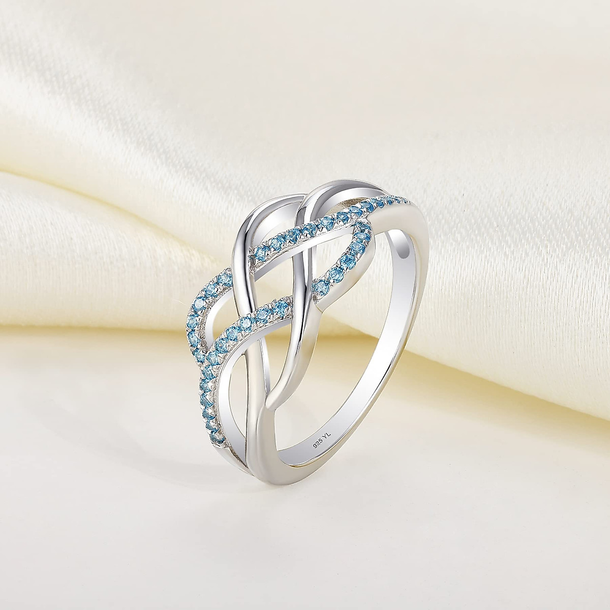 YL Celtic Knot Rings 925 Sterling Silver Twisted Knot Ring 18k White Gold Plated Created Aquamarine Infinity Statement Rings-size7