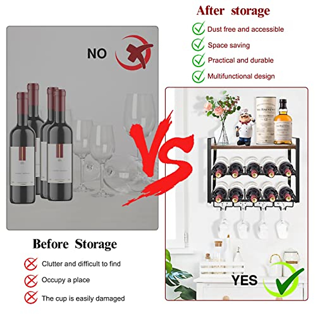 AUHOKY Industrial Wine Rack Wall Mounted Glasses Holder, 3-Tiers Metal Hanging Storage Display Shelf with Wine Bottles Glass Goblet Rack, Floating Shelves for Living Room Kitchen Home Decoration