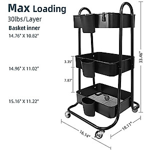 IAMFAN 3-Tier Metal Rolling Utility Cart,Storage Carts with Handle and Lockable Wheels,Art Cart Organizer,Craft Cart,Roller Cart for Office,Bedroom,Living Room,Kitchen,Bathroom,Black