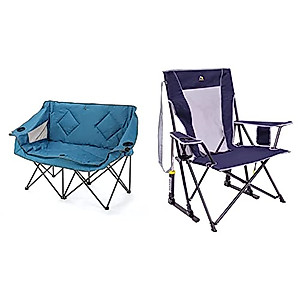 ARROWHEAD OUTDOOR Portable Folding Double Duo Camping Chair Loveseat w/ 2 Cup & Wine Glass Holder & GCI Outdoor Comfort Pro Rocker Collapsible Rocking Chair & Outdoor Camping Chair, Indigo