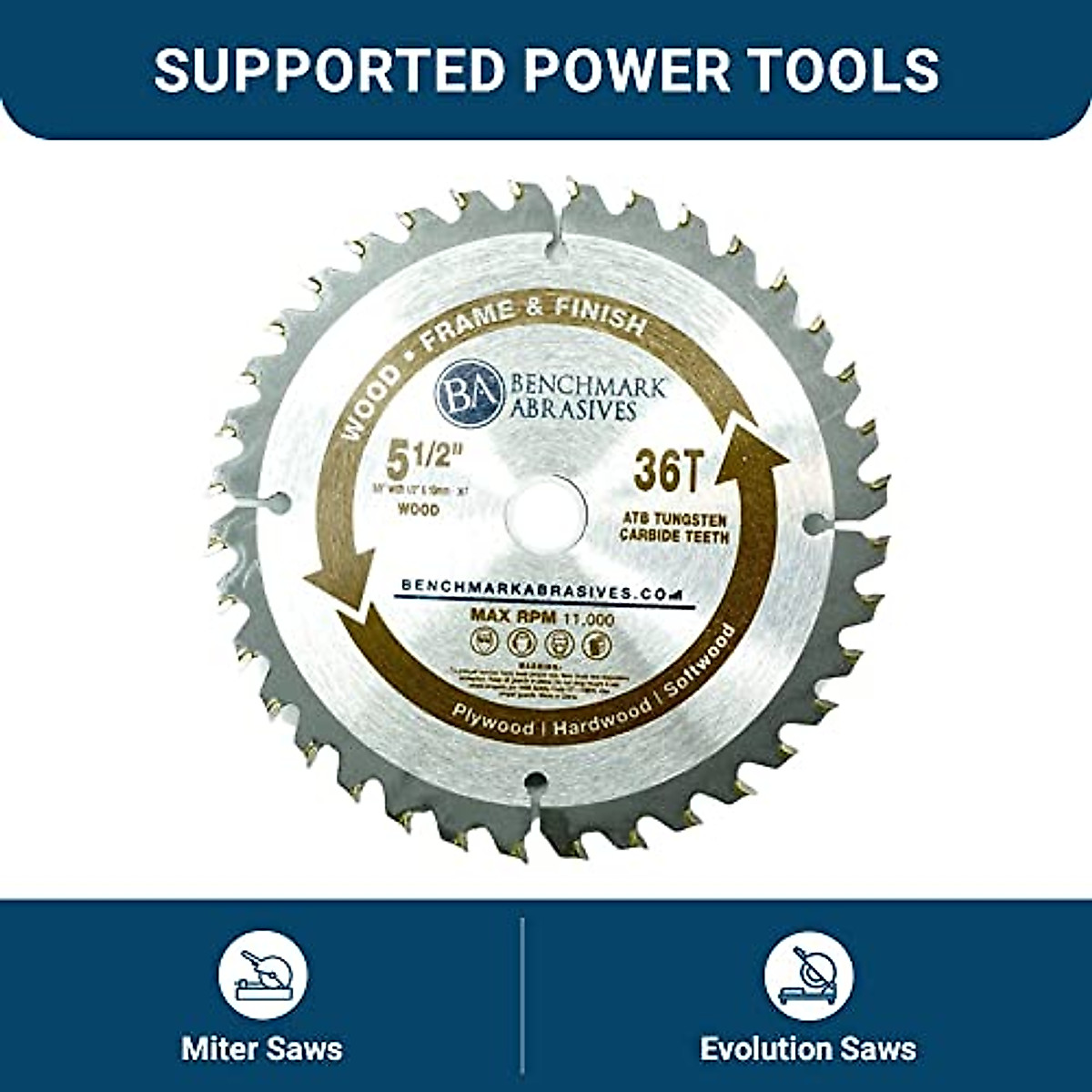 Benchmark Abrasives 5-1/2" 36 Tooth, TCT Wood Cutting Saw Blade for General Purpose Cutting & Trimming of Softwoods, Hardwoods, Long Lasting Blades, Use with Circular Saw (5-1/2" 36T)