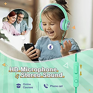 LORELEI E7 Kids Headphones with Microphone,On-Ear Wired Headset for Children/Boys/Girls,85/94dB Safe Volume,Foldable&Rotatable3.5mm Audio Jack Tangle-Free for School/iPad/Laptop/Travel (Green&Purple)