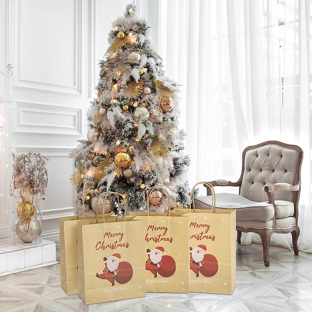 Ronvir 50Pcs Christmas Paper Bags, 7.2 x 3.2 x 8.8 inch Gift Bags Medium, Christmas Treat Bags, Xmas Goodie Bags With Handles Bulk For Christmas, Party